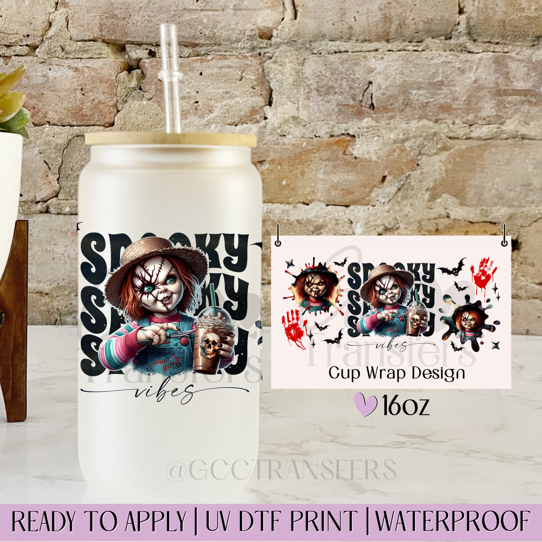 Chucky Face Spooky Vibes Coffee - 16oz UV DTF WRAP – GCC Transfers