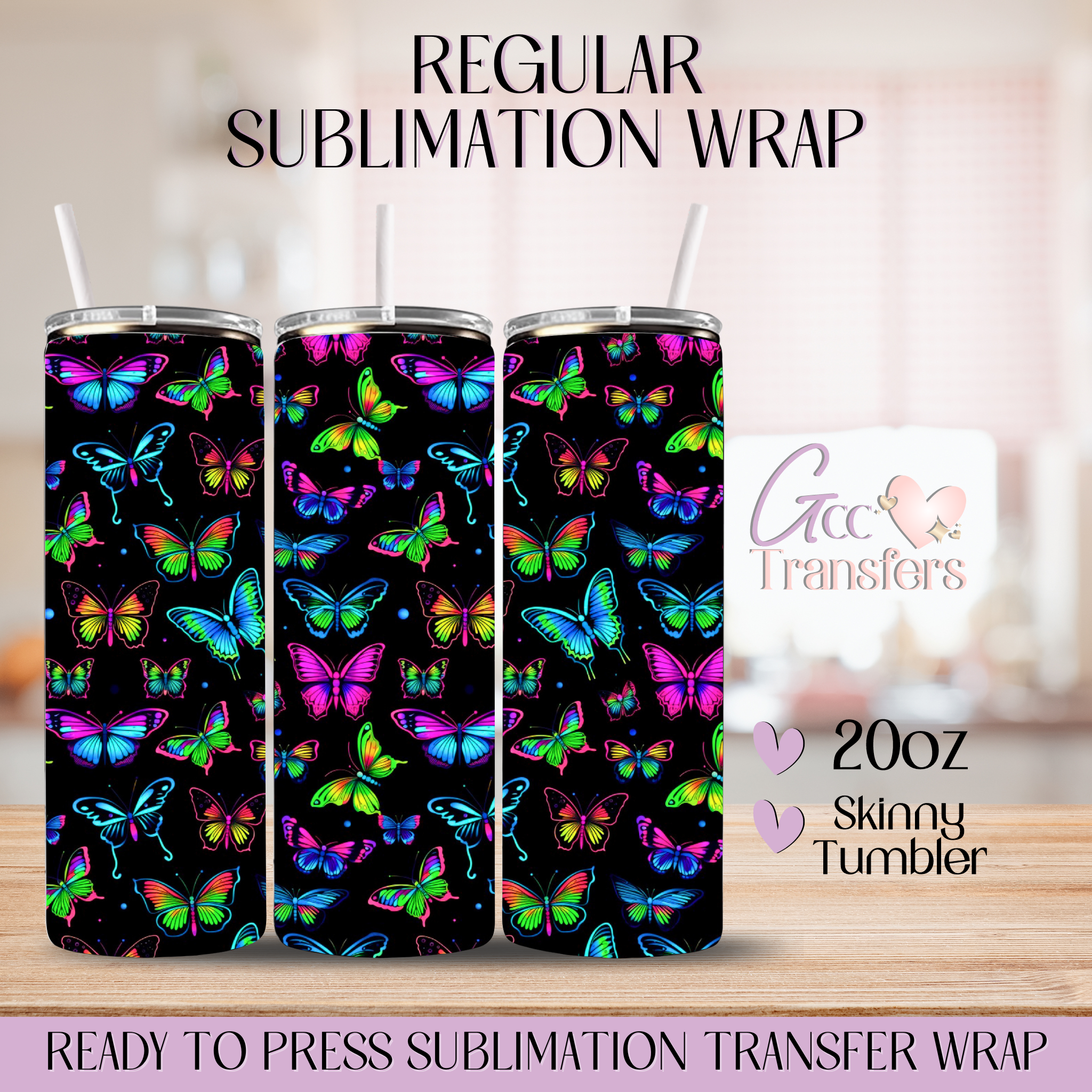 Colorful Neon Butterflies - 20oz Regular Sublimation Wrap – GCC Transfers