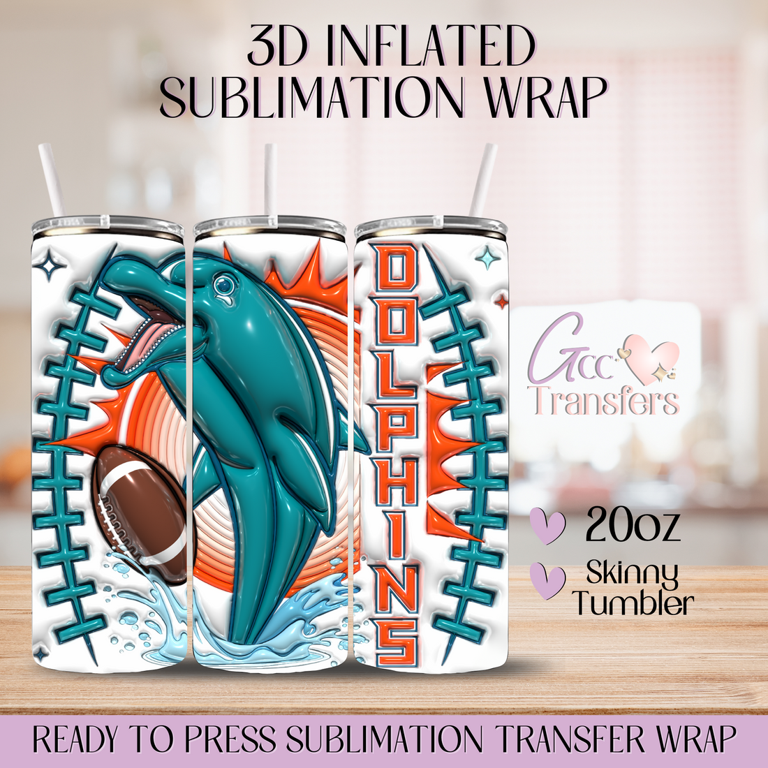 Miami Dolphins Football - 20oz 3D Inflated Sublimation Wrap – GCC Transfers
